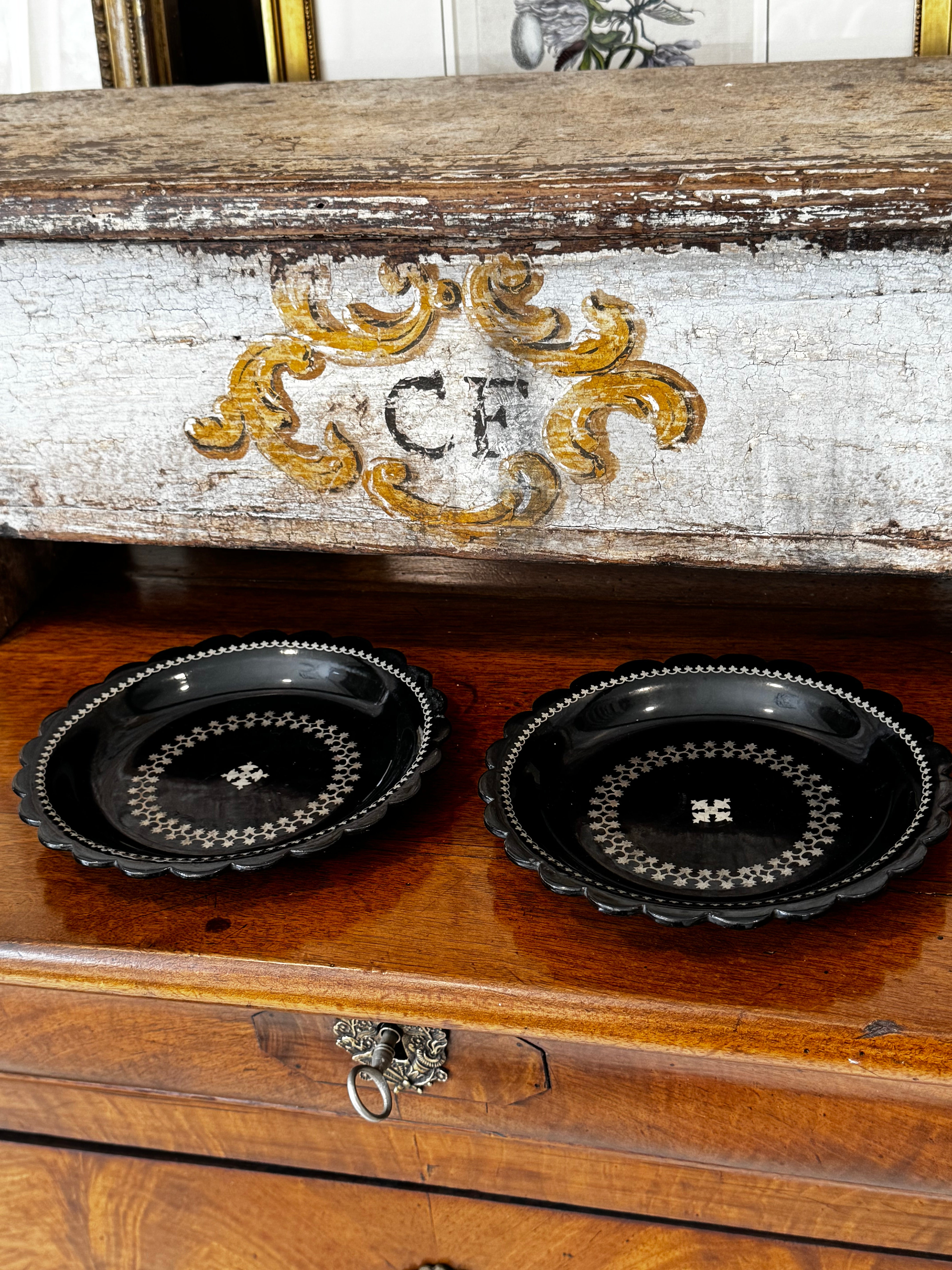 Pair Papier Mache with Pewter Inlay Plates/Coasters - Victorian Circa ...